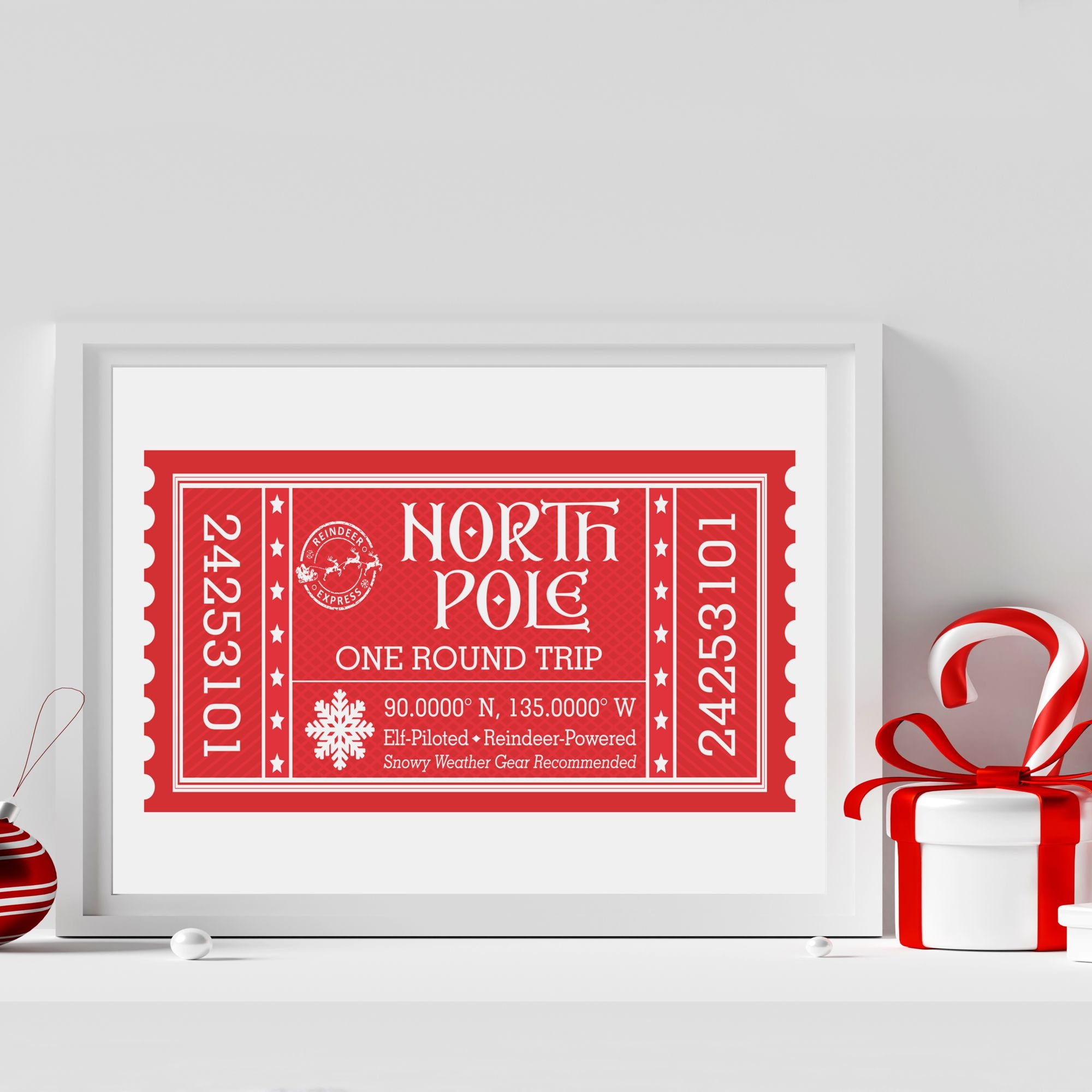 North Pole Ticket Print, Red Christmas Winter Holiday Decor (digital ...