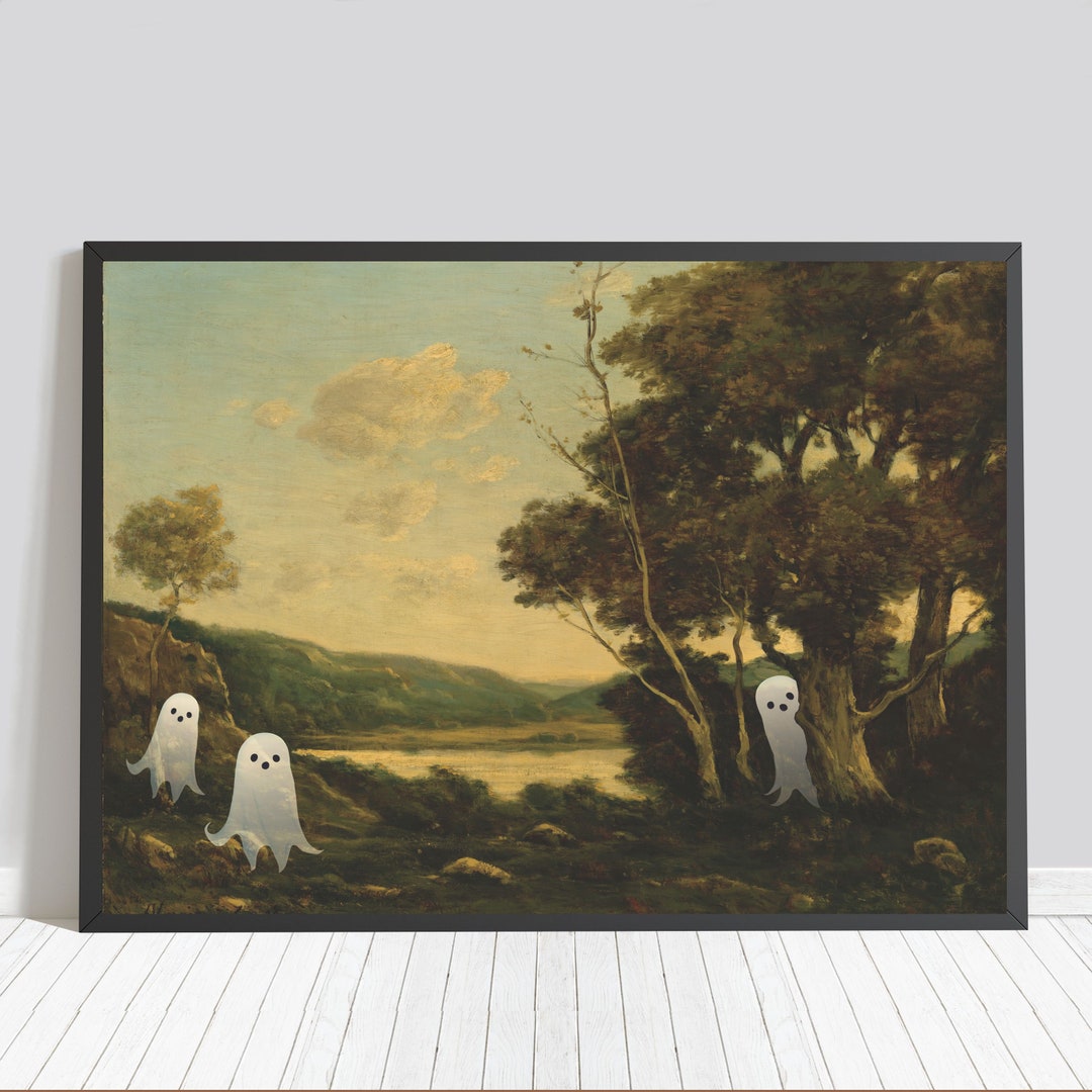 Printable Cute Ghost Painting Halloween Art Print, Halloween Landscape ...