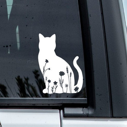 Cat Car Decal Floral Cat Design Waterproof Permanent Decal Etsy
