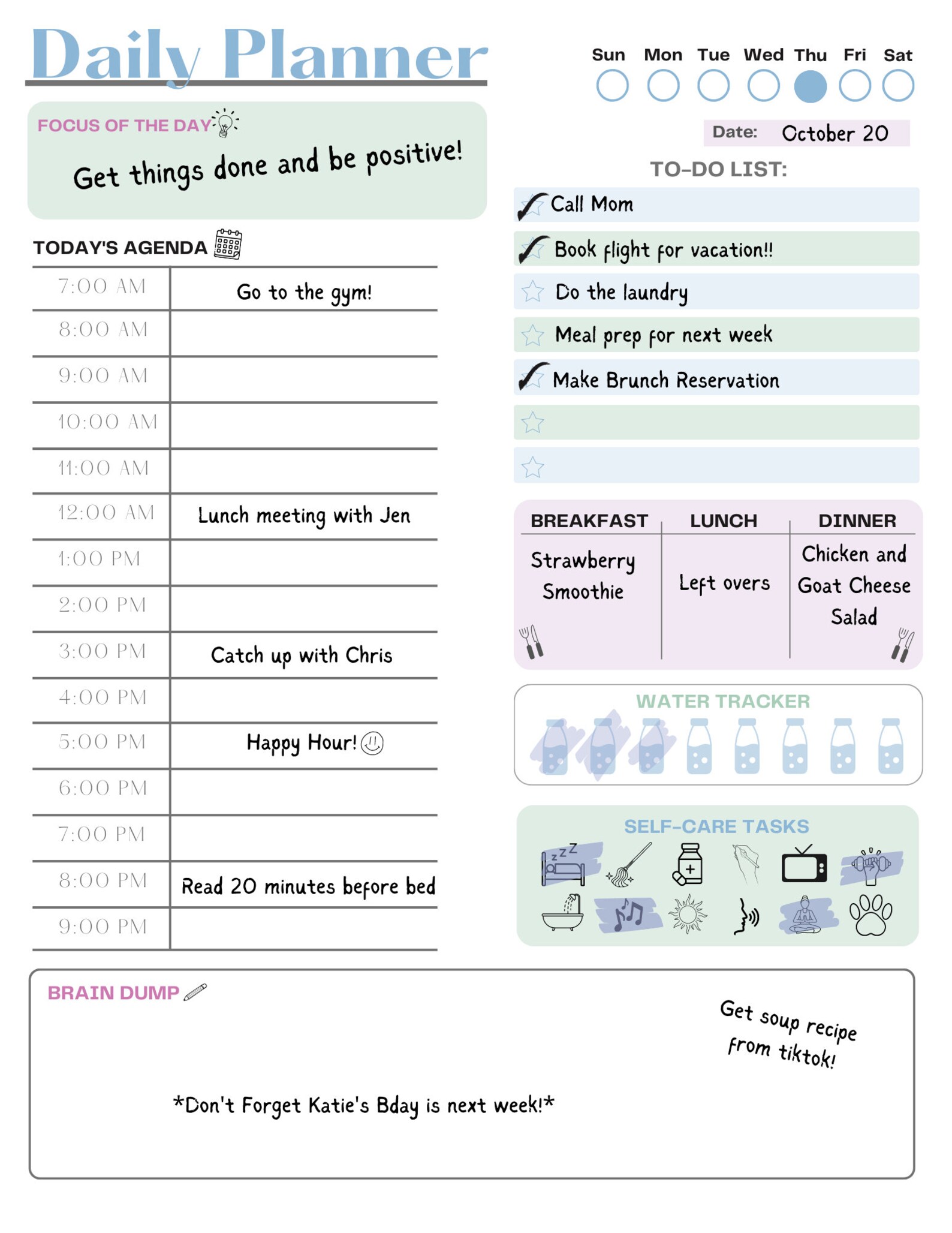 Printable Daily Planner | Productivity Planner | Self Care Tracker ...