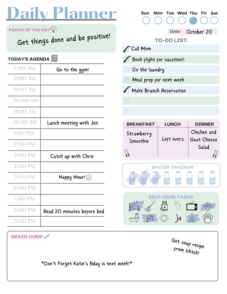 Printable Daily Planner Productivity Planner Self Care Tracker Daily ...