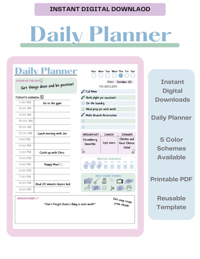 Printable Daily Planner Productivity Planner Self Care Tracker Daily ...