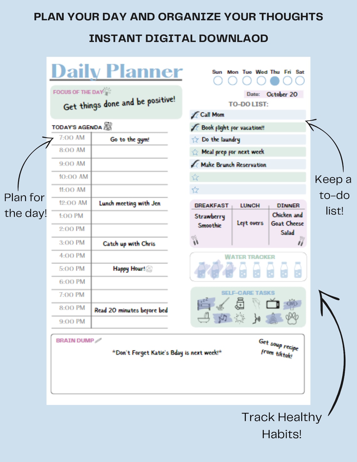 Printable Daily Planner Productivity Planner Self Care - Etsy