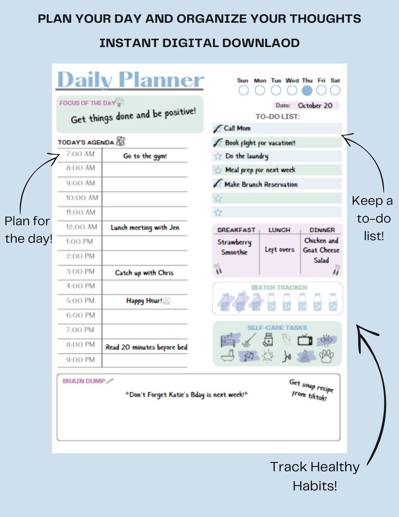 Printable Daily Planner Productivity Planner Self Care Tracker Daily ...