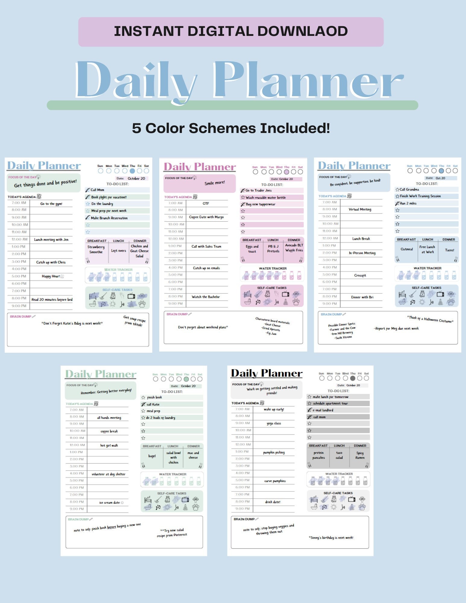 Printable Daily Planner | Productivity Planner | Self Care Tracker ...
