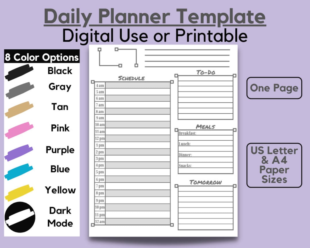 Vertical Daily Planner Template One Page Vertical Daily - Etsy