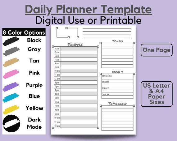 Vertical Daily Planner Template One Page Vertical Daily - Etsy