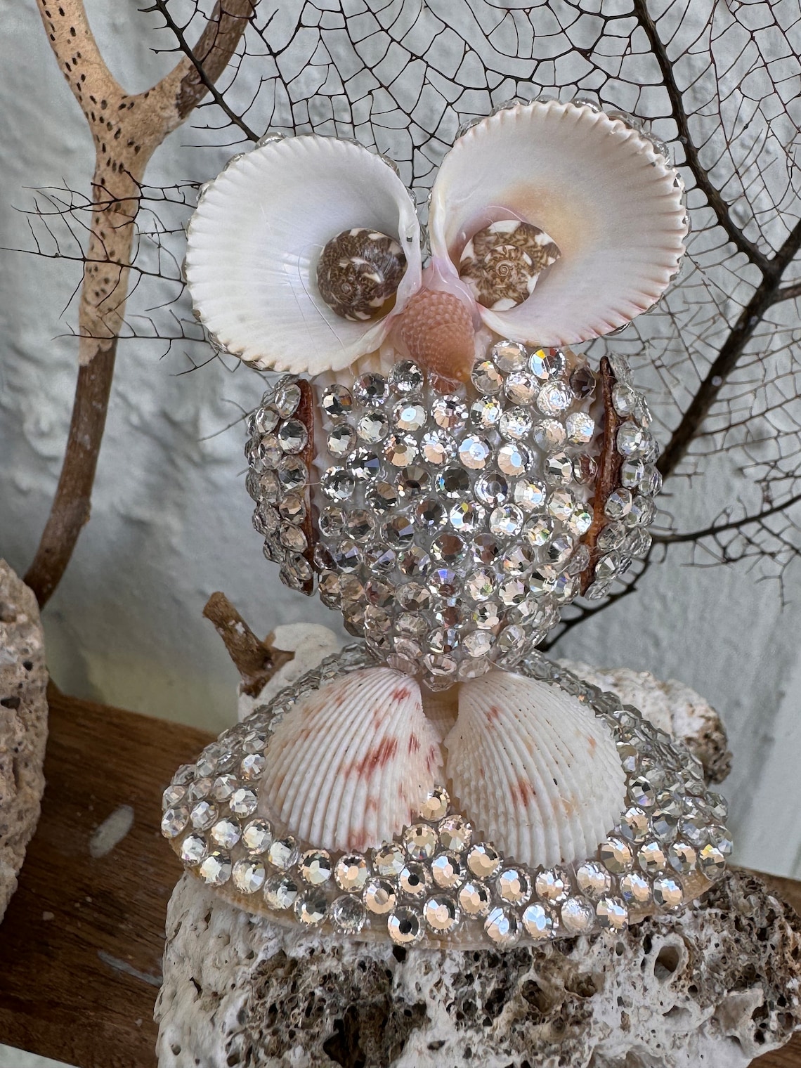 Rhinestones Owl Sea Shells Figurine Sculpture - Handcrafted Unique ...