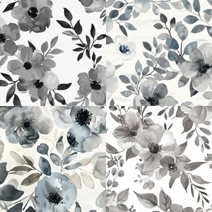 Gray Watercolor Floral Seamless Patterns, Shabby Chic Seamless Texture ...