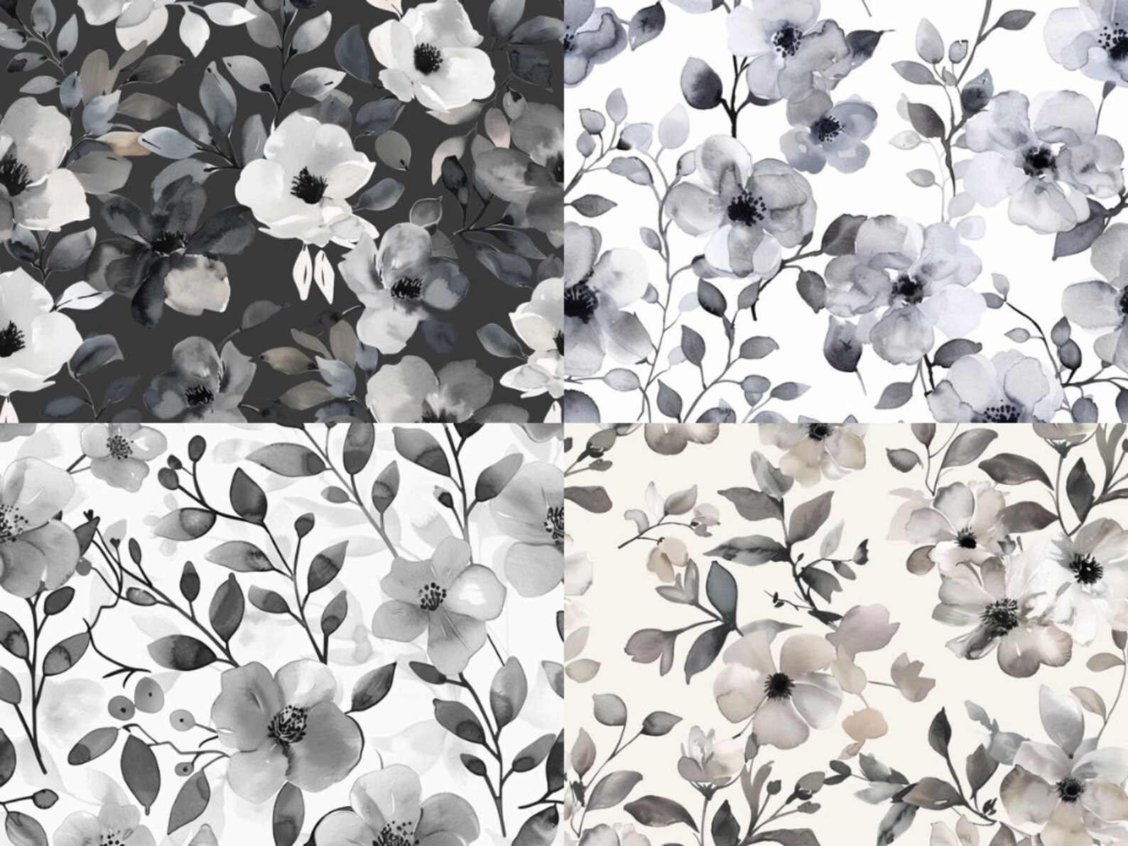 Gray Watercolor Floral Seamless Patterns, Shabby Chic Seamless Texture ...