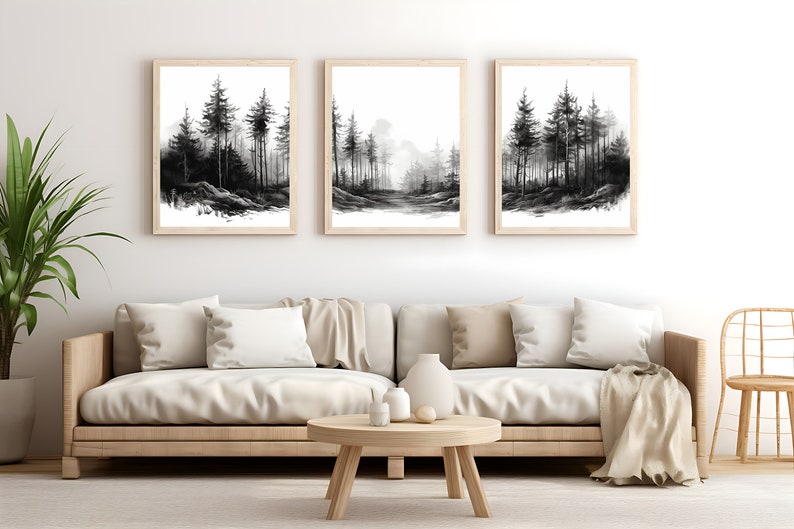Vintage Forest Sketch Wall Art, Set of 3, Forest Print, Antique Forest ...