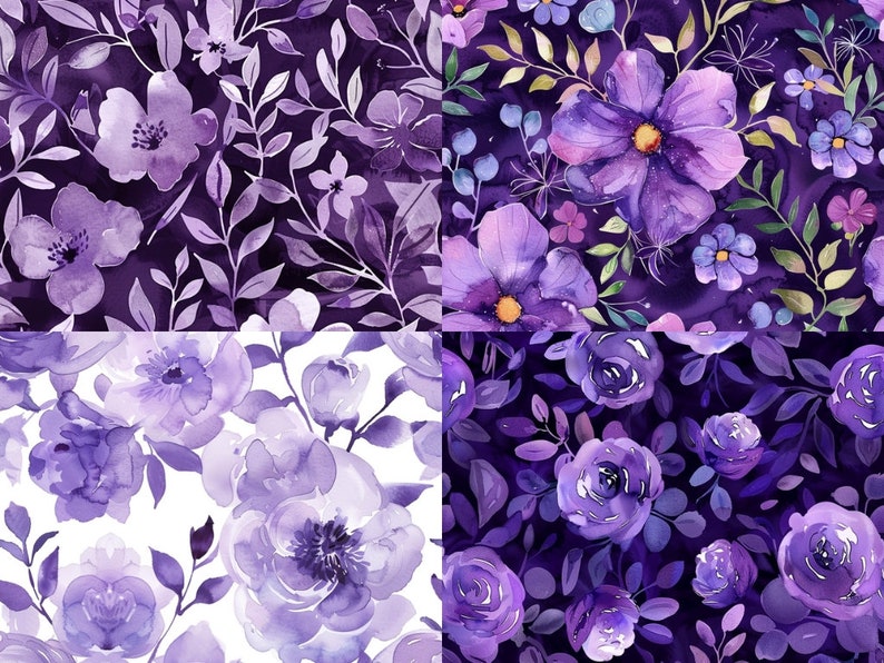 Purple Watercolor Floral Seamless Patterns, Shabby Chic Seamless ...