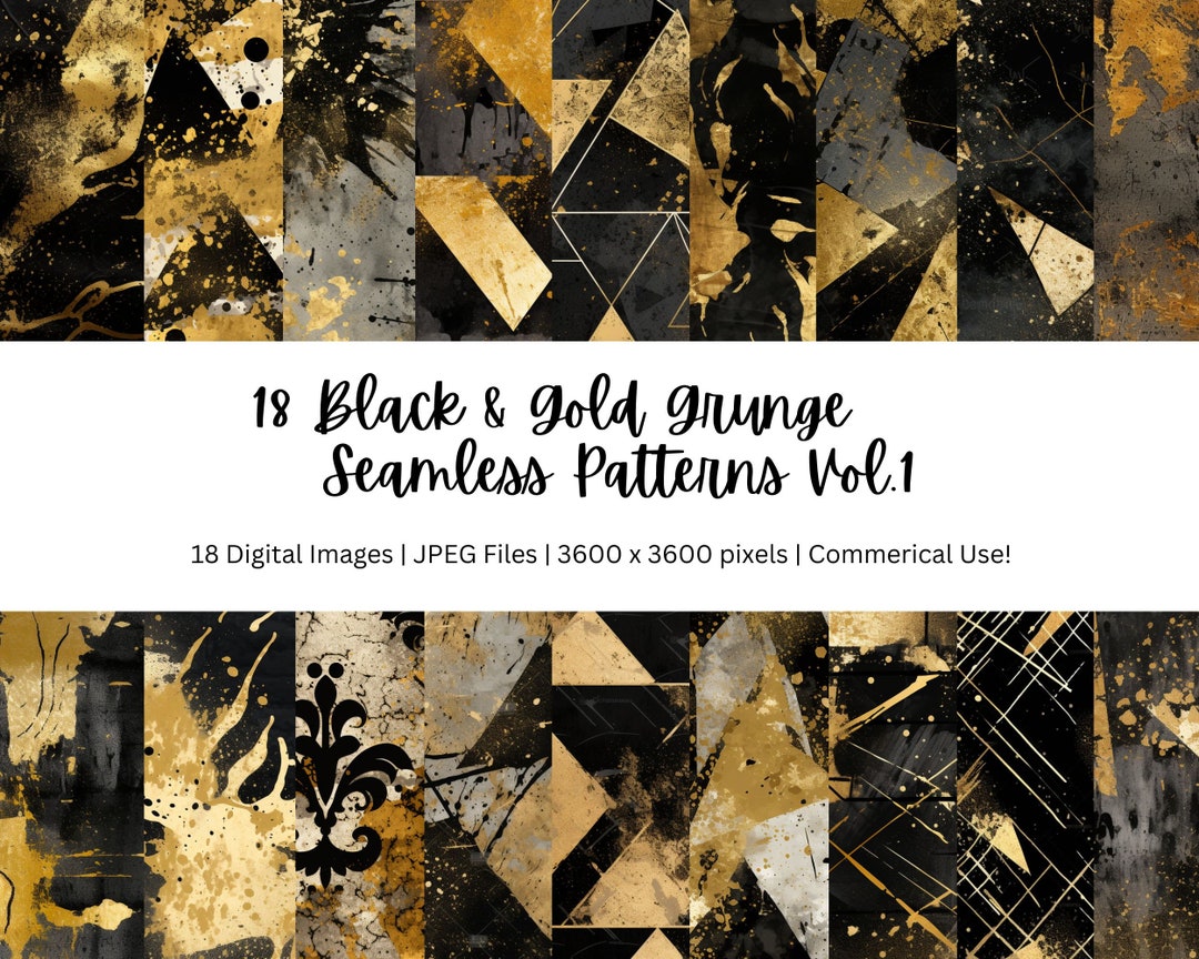Black & Gold Grunge Seamless Patterns, Black Grunge Repeating Pattern ...