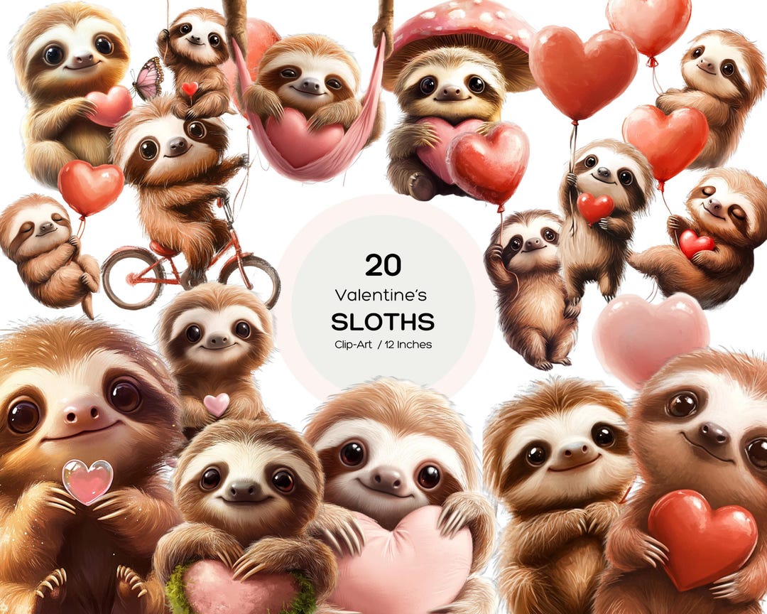 Valentines Day Sloths Clipart Bundle, Set of 20, Valentines Day Clipart ...