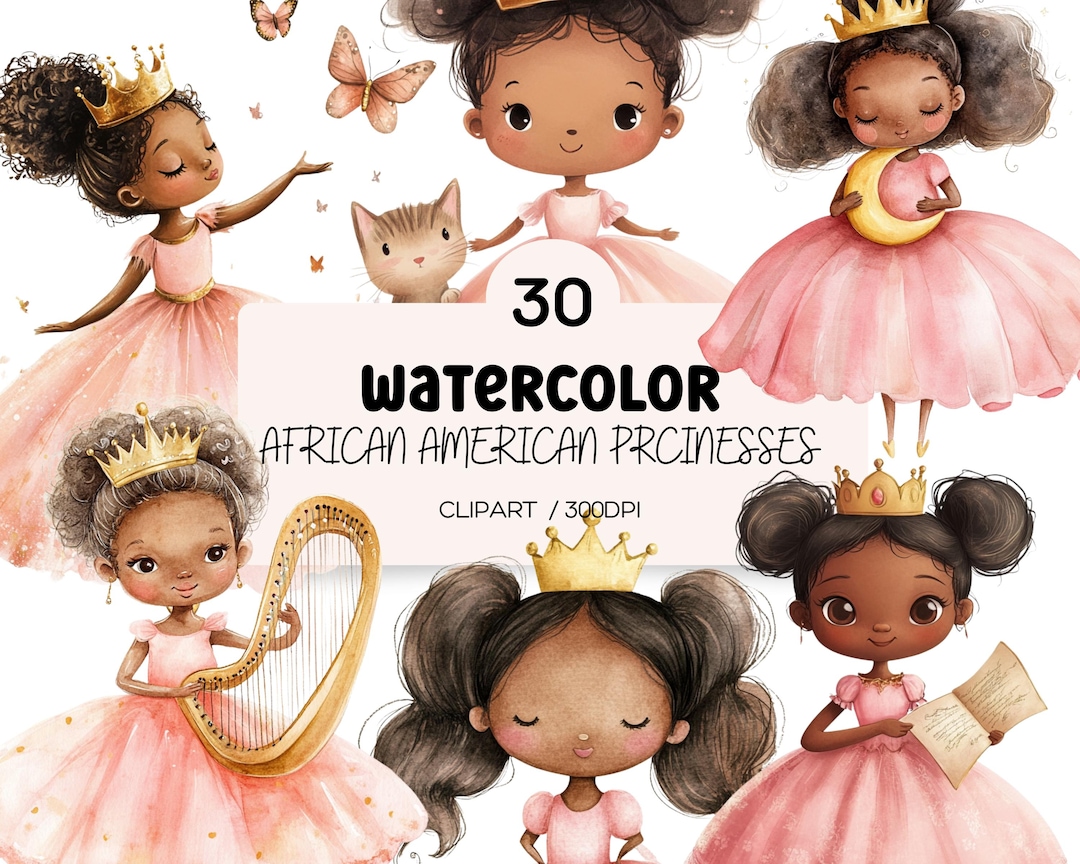 African American Princess Clipart Bundle – 30 PNG, Cute Kawaii ...