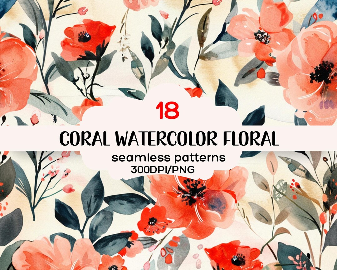 Coral Watercolor Floral Seamless Patterns, Shabby Chic Seamless Texture ...