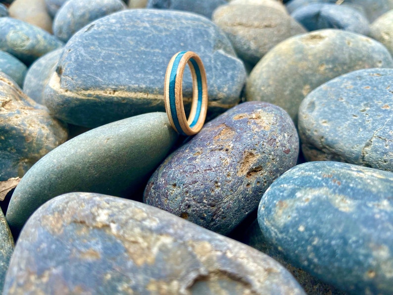 Blue Recycled Skateboard Ring Handmade and Artisanal Wood Band Ring ...