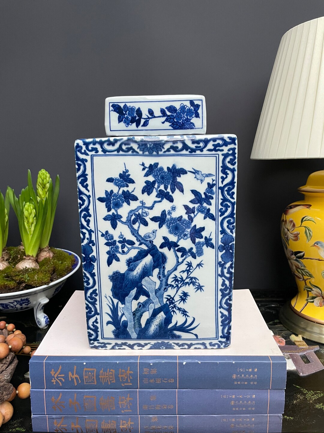 12.5 Chinoiserie yuan Blue White Vase xiang Kirin Cuboid Ginger Jar ...