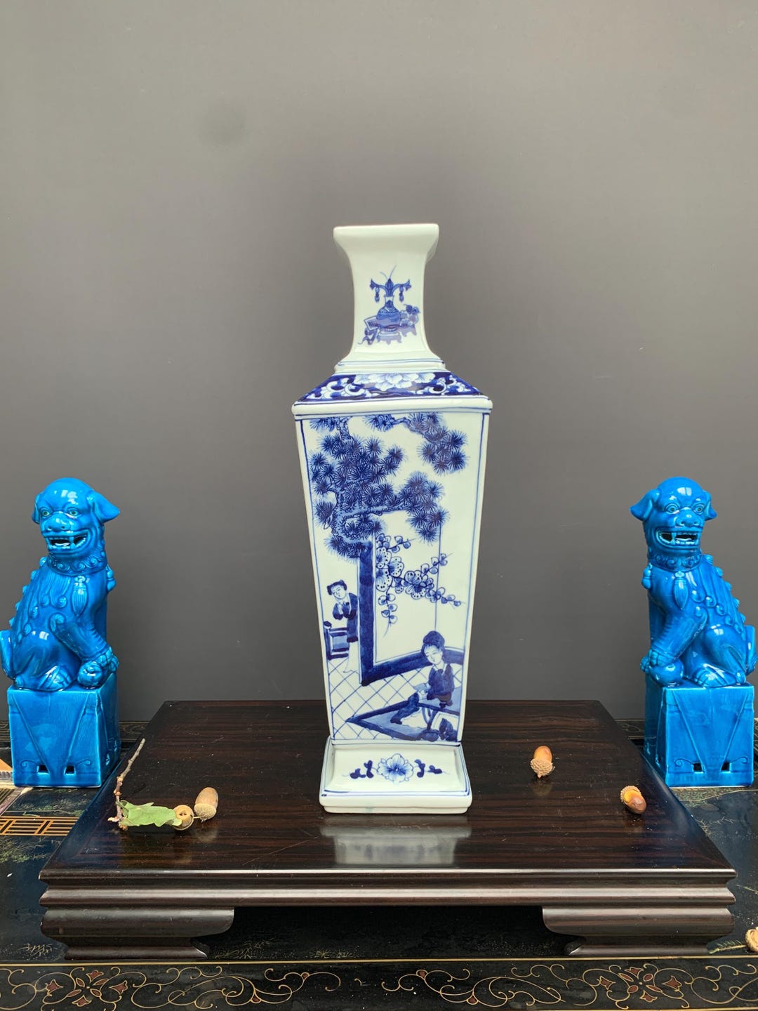 18/46cm Hand Painted Chinoiserie Blue White Vase Chinese Square Shape ...