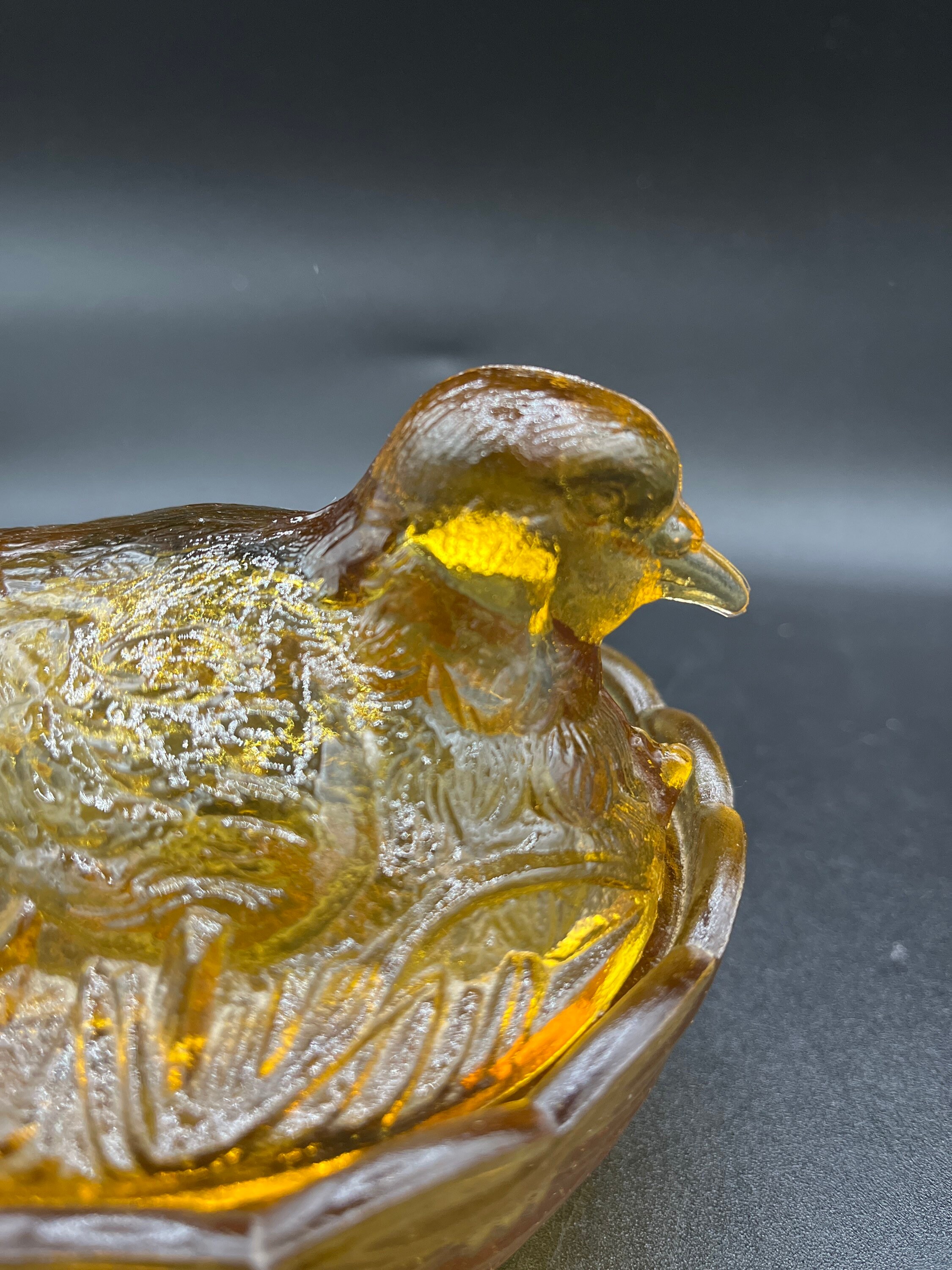 Vintage Amber Glass Bird on Nest Covered Candy Dish. Made in the 1960s ...