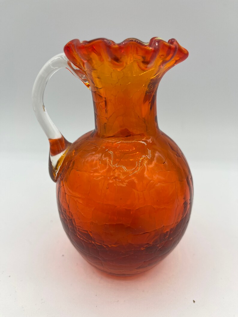 Vintage Blown Deep Orange Crackle Glass Pitcher With Clear Applied ...