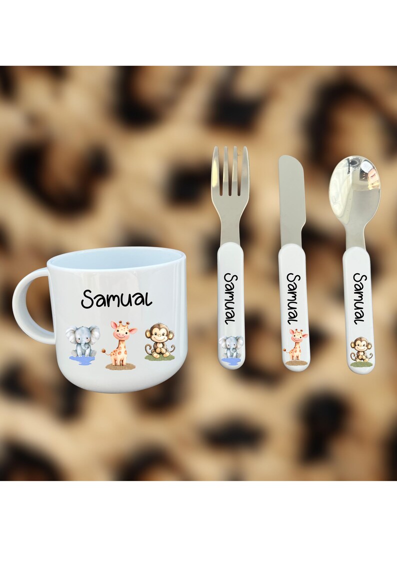 Personalised Safari Animals Cutlery Set & Cup: Toddler Jungle Utensils ...