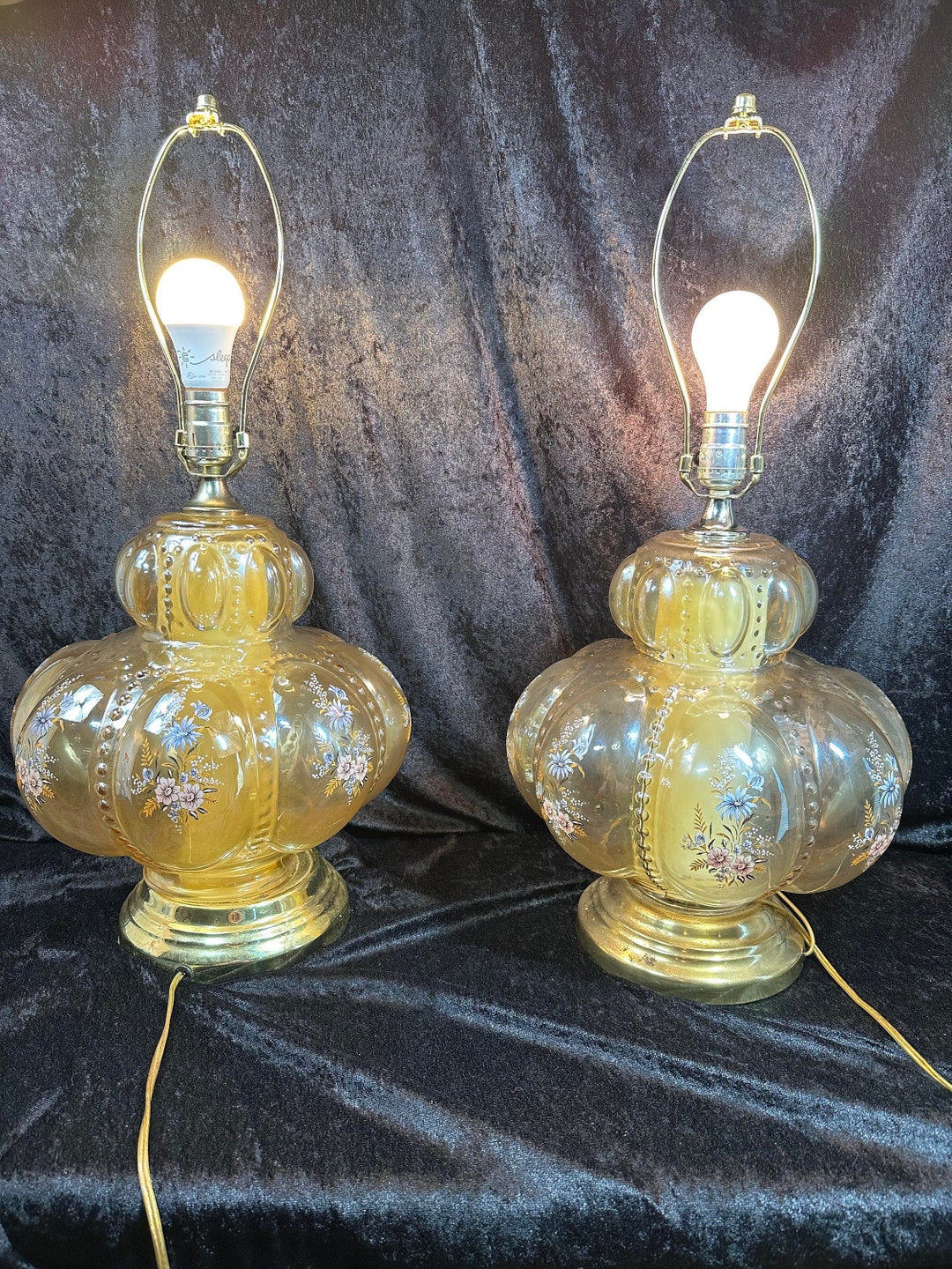 Pair of Vintage Clear Golden Falkenstein Blue Flower Glass Bubble Lamps ...