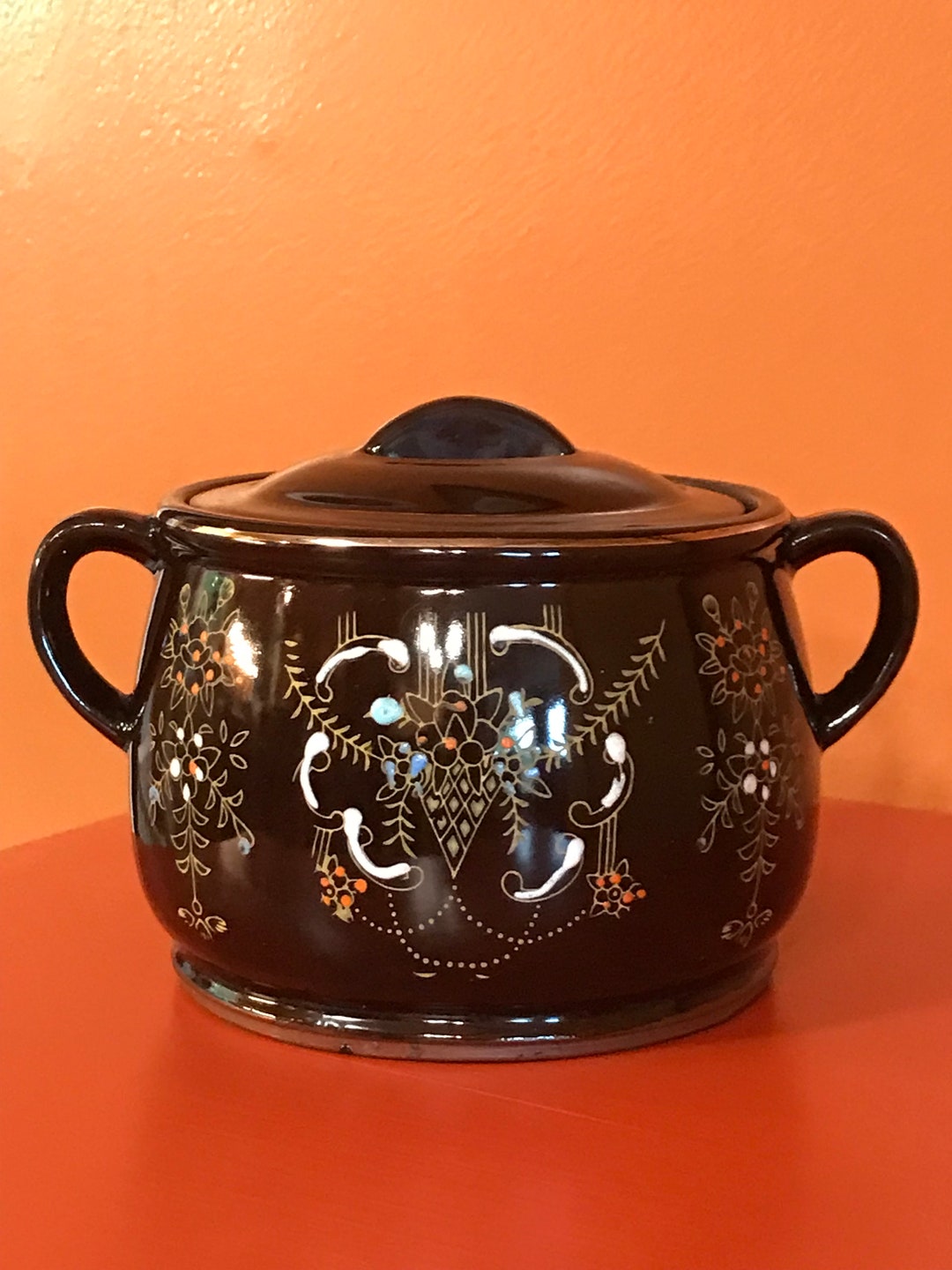 Vintage Japan Redware Pottery; Hand Painted Moriage Style Enamel Pot ...