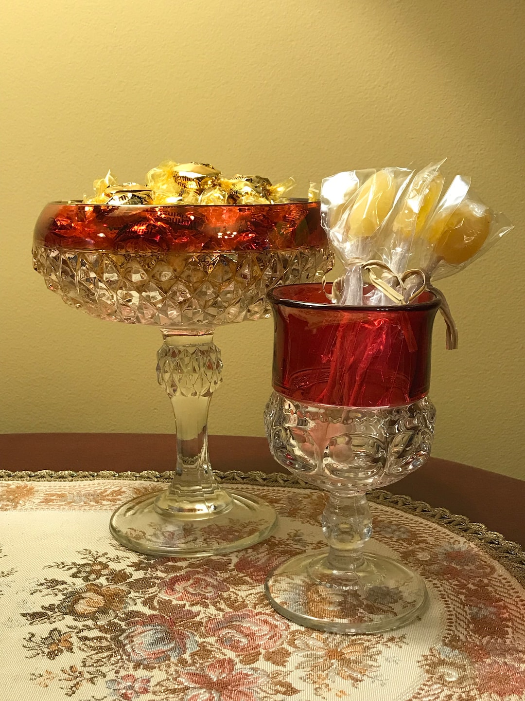 Vintage Indiana Glass Diamond Point Red Ruby Flashed Compote & Goblet ...