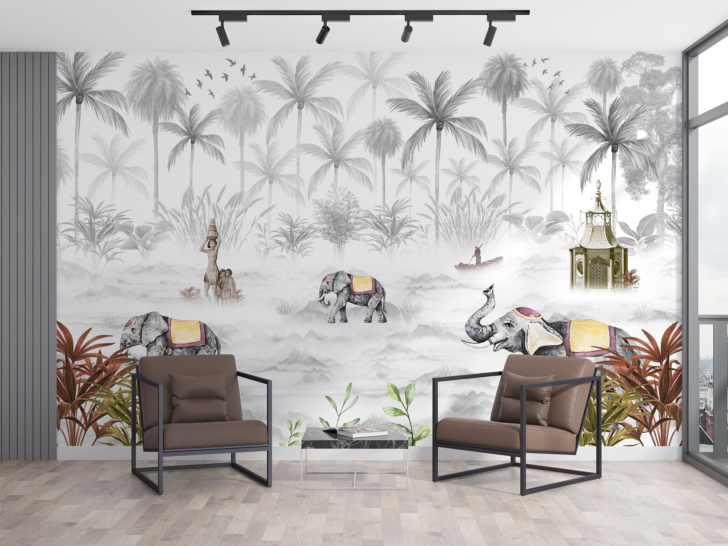 Palm Tree Wallpaper Elephant Wall Mural Jungle Peel and Stick Vintage ...