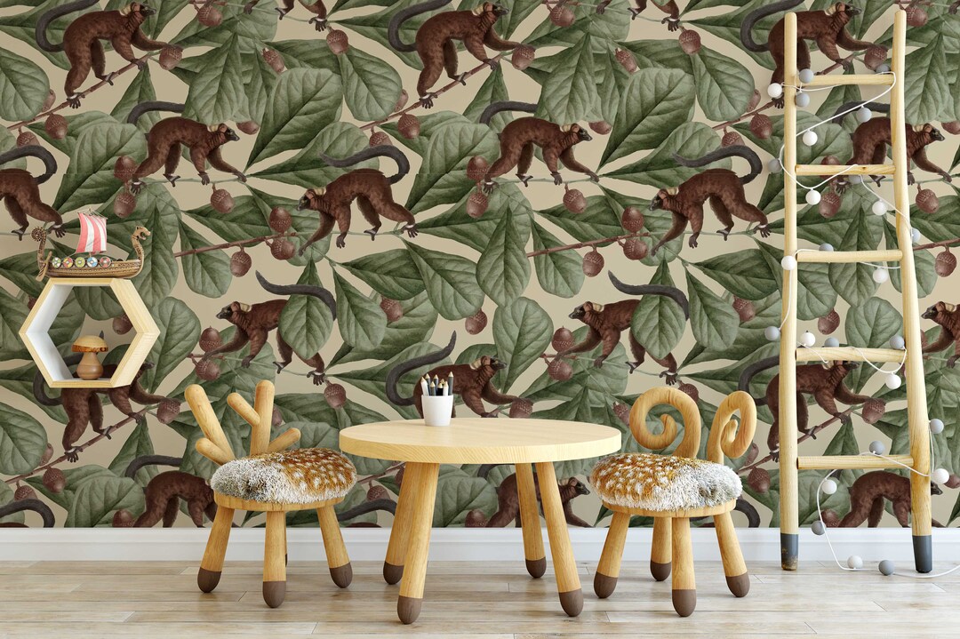 Tropical Leaves Wallpaper Lemur Wall Mural Animals Peel and Stick - Etsy