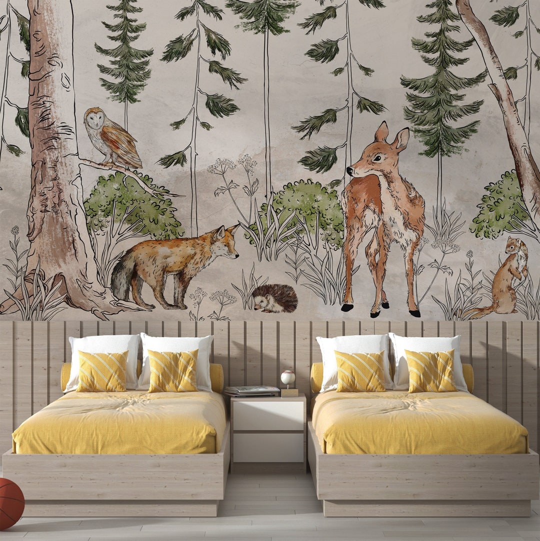 Forest Wallpaper Animal Wall Mural Owl Wall Art Fox Peel and - Etsy