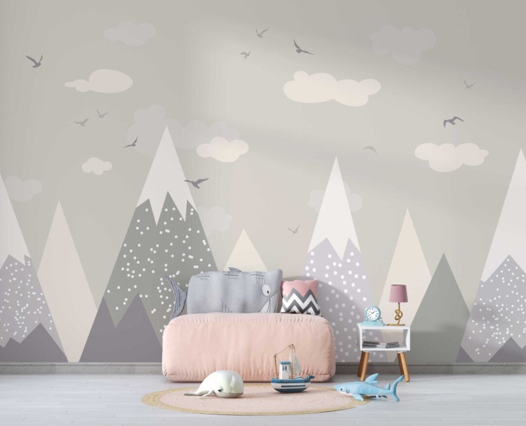 Snowy Wallpaper Mountain Wall Mural Nursery Peel and Stick Kids Wall ...