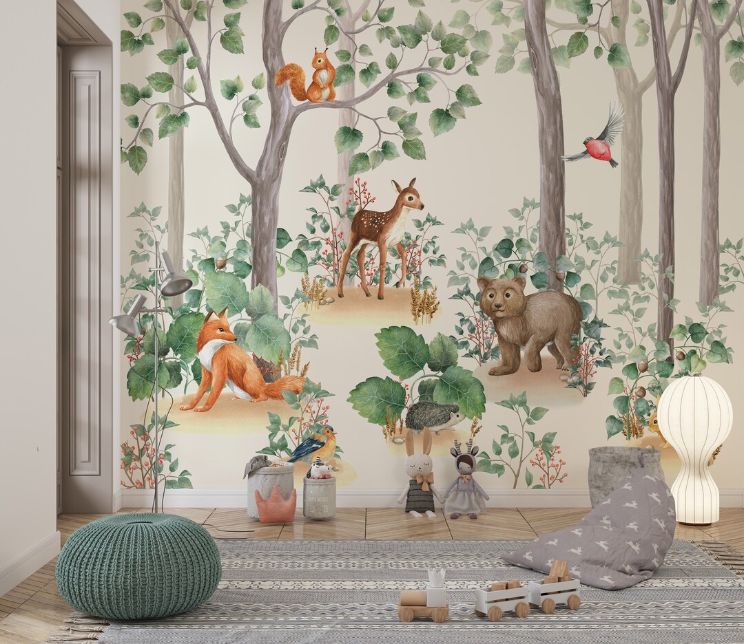 Forest Wallpaper Woodland Wall Art Cute Fox Wall Mural Deer Peel and ...