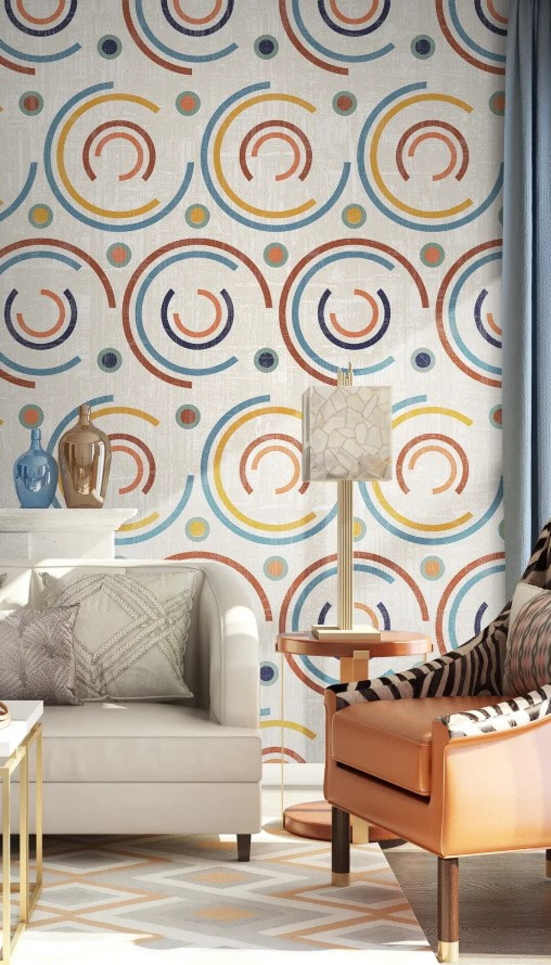 Geometric Wallpaper Circle Wall Mural Red Peel and Stick Blue Wall Art ...