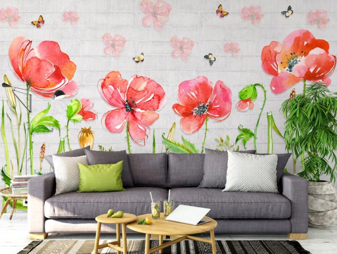 Popy Wallpaper Big Poppies Wall Mural Red Peel and Stick - Etsy
