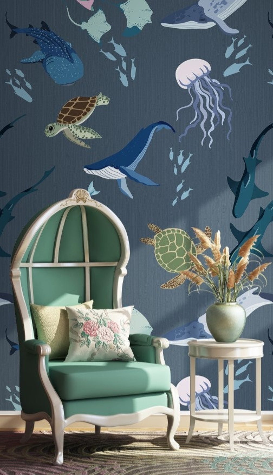 Whale Wallpaper Turtle Wall Mural Octopus Peel and Stick Blue - Etsy