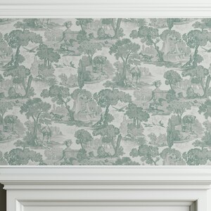 Green Toile Peel and Stick Wallpaper: Vintage Nature Wall Mural - Etsy