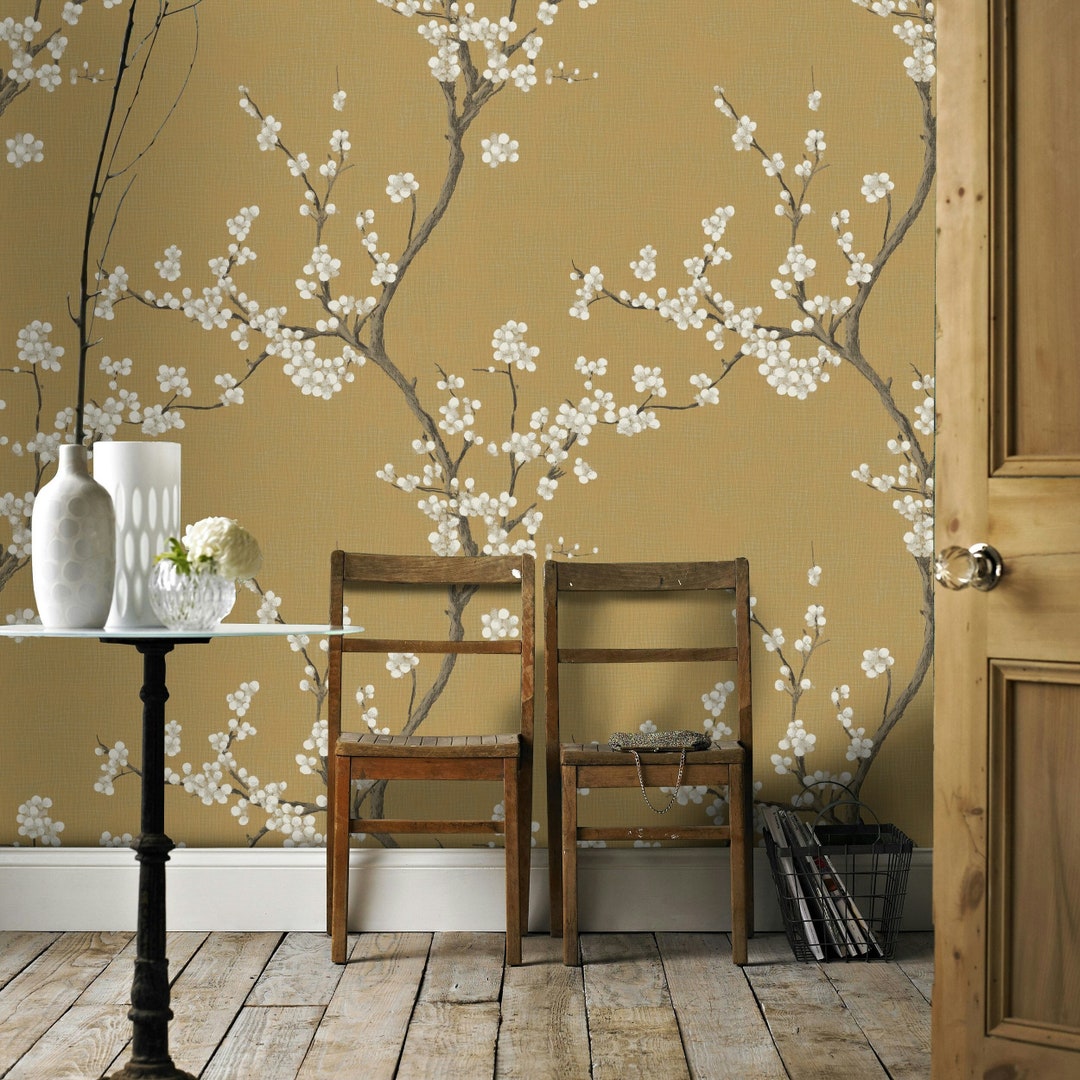 Elegant Chinoiserie-inspired Wallpaper Blossom Branches on Mustard Gold ...