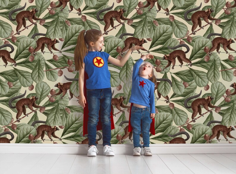 Tropical Leaves Wallpaper Lemur Wall Mural Animals Peel and Stick - Etsy