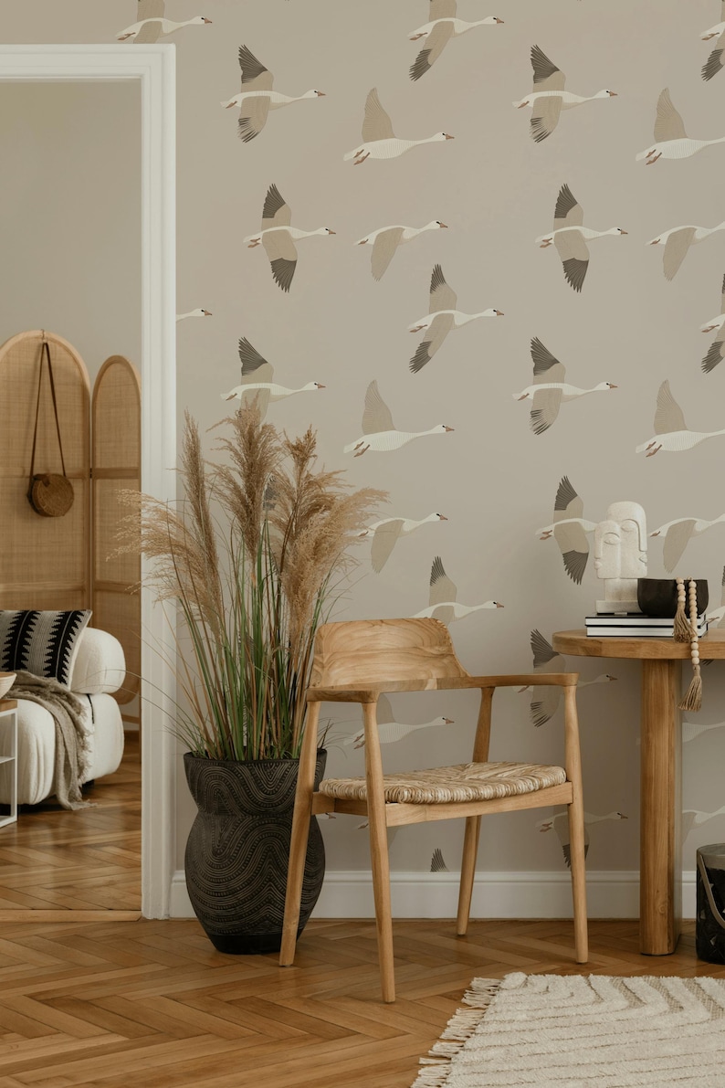 Flying Geese Wallpaper Peel and Stick | Neutral Scandinavian Wall Mural ...