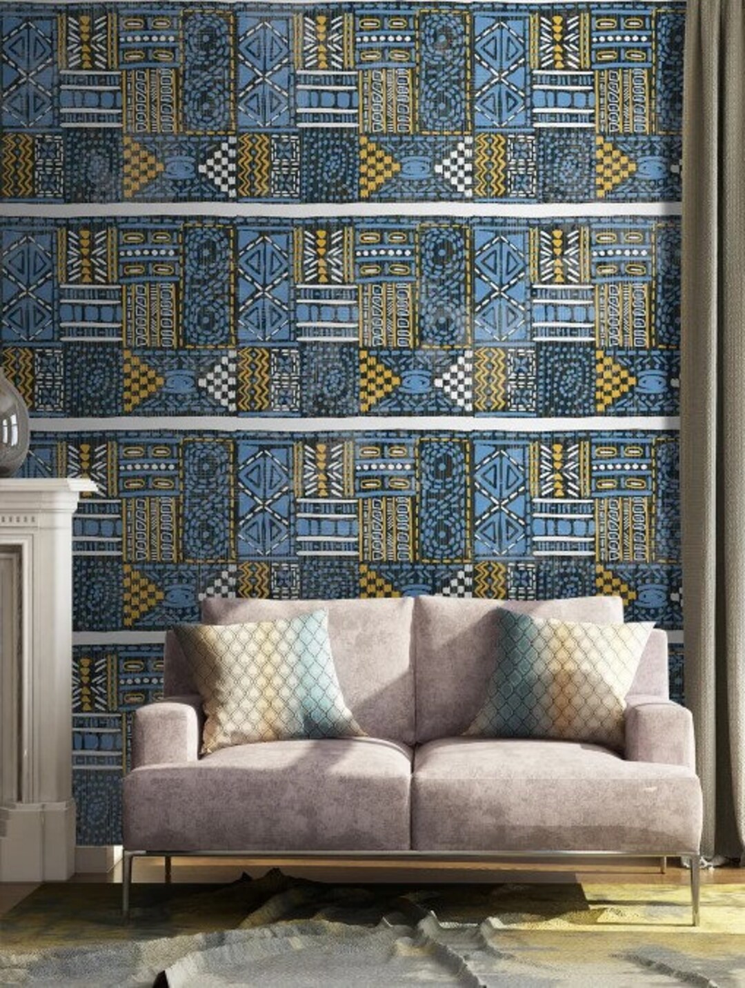 African Design Wallpaper Patchwork Peel and Stick Blue Wall Mural - Etsy