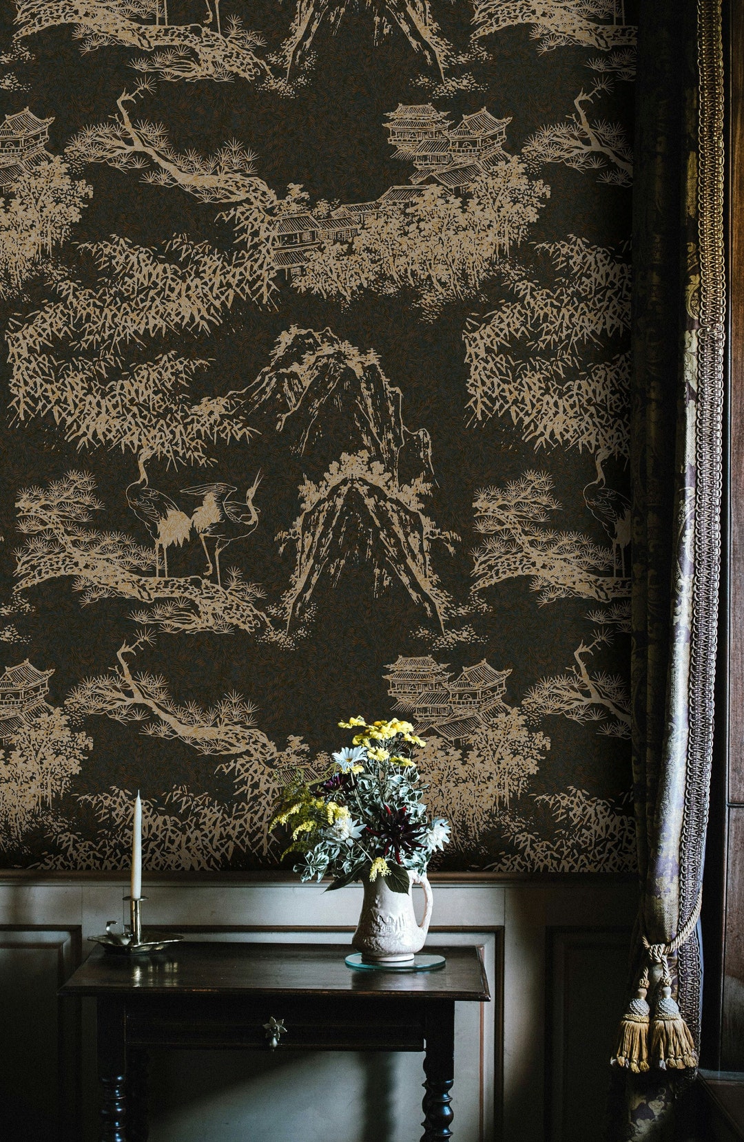 Chinese Wallpaper Brown Background Wall Mural Mountain Peel and Stick ...