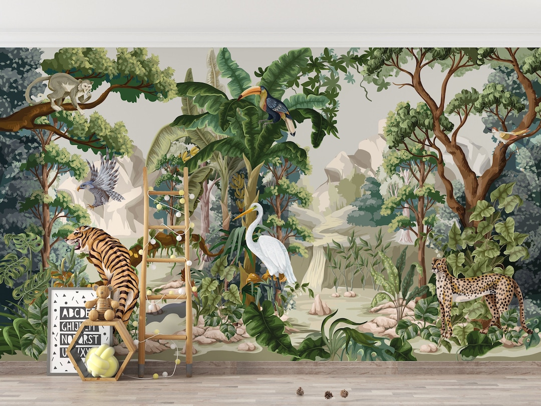 Jungle Wallpaper Wild Animals Wall Art Tiger Wall Mural Lion Peel and ...