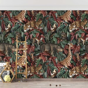 Wild Animals Wallpaper Rhino Wall Mural Lemur Wall Art Giraffe Peel and ...