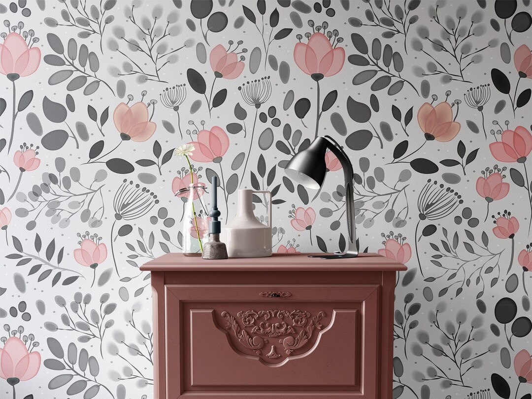 Whimsy Pink Wallpaper Peel and Stick Gray Flowers Wall Mural for ...