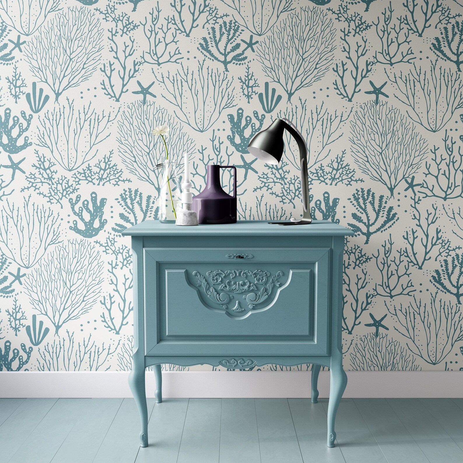 Coral Reef Wallpaper Coral Pattern Peel and Stick Turquoise Wall Mural ...