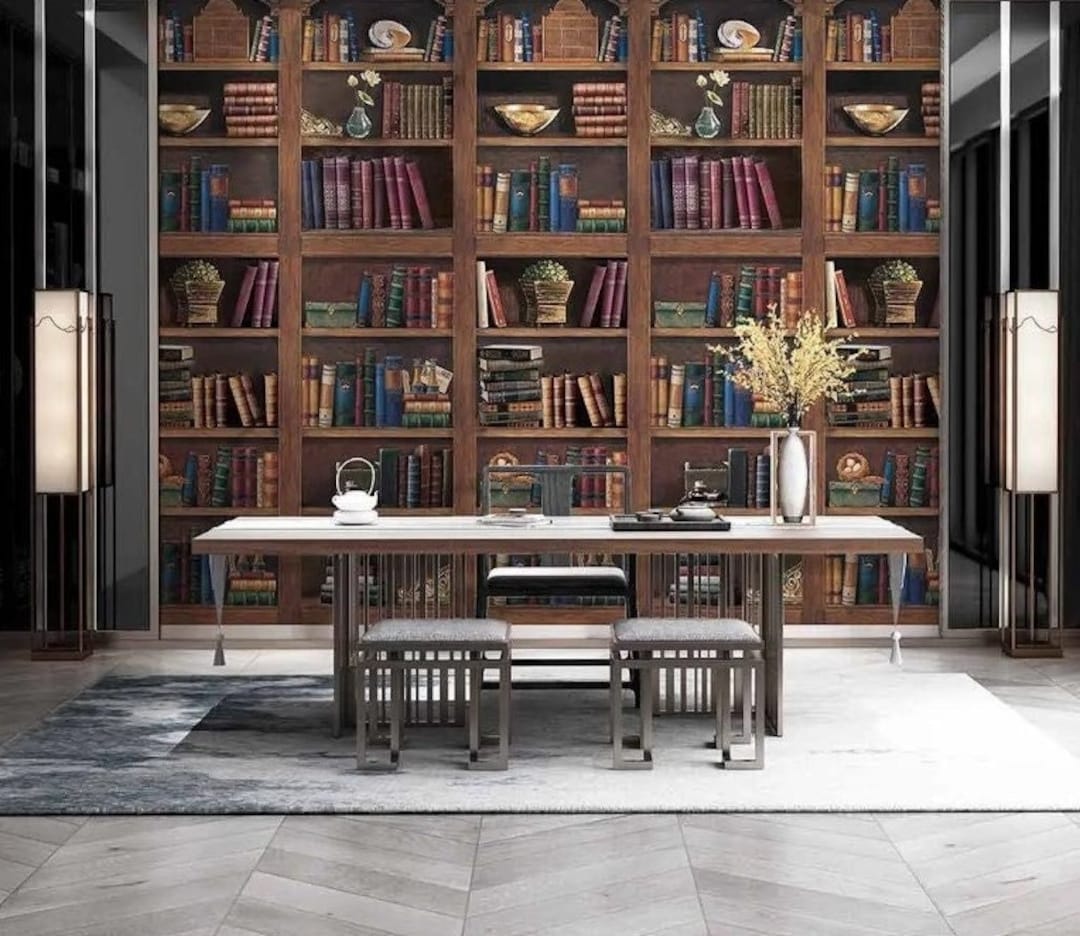 Bookcase Wallpaper Library Wall Mural Shelves Peel and Stick - Etsy