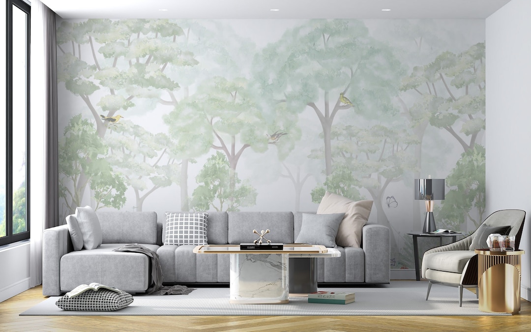 Misty Forest Wallpaper Foggy Wall Mural Watercolor Peel and Stick Trees ...