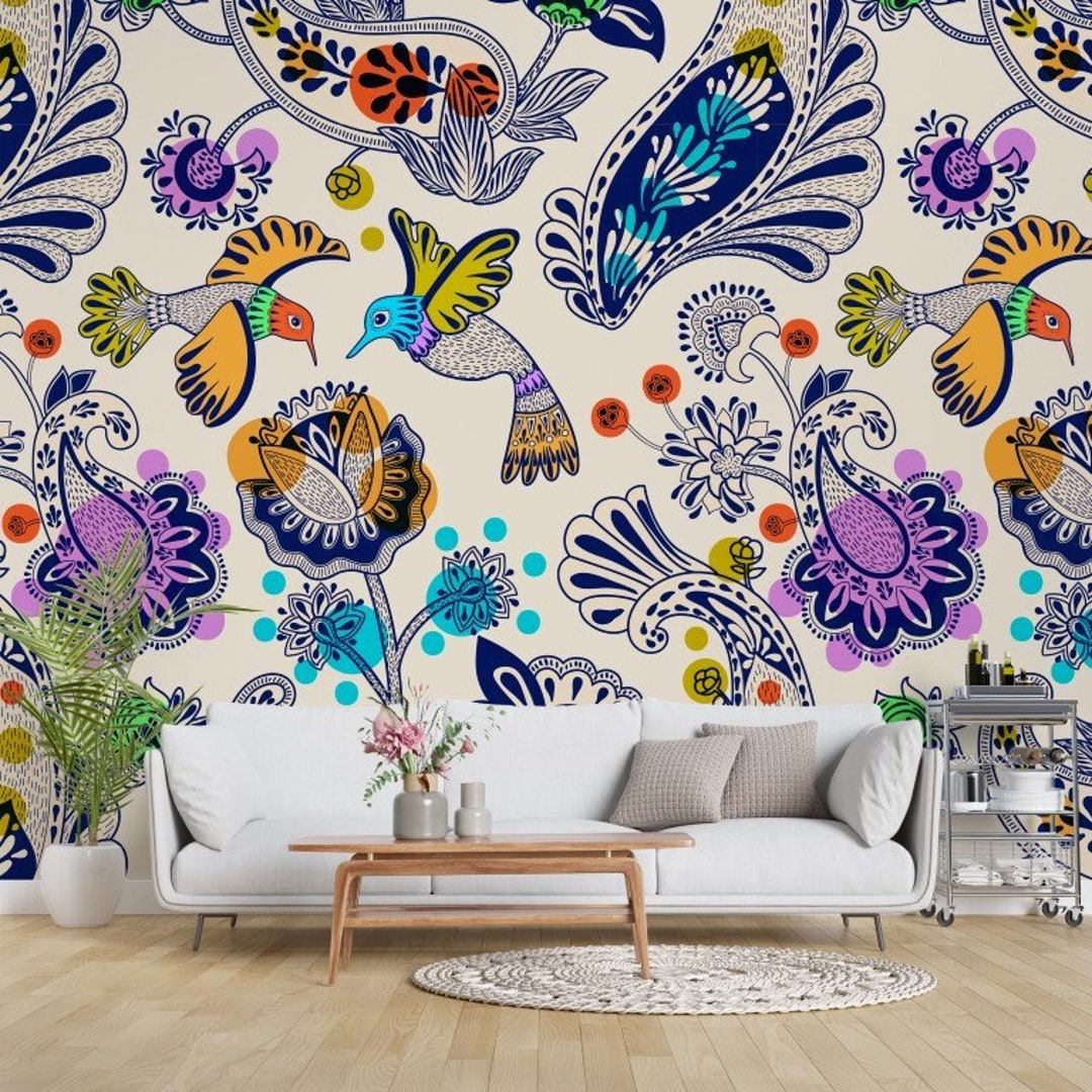 Floral Wallpaper Bird Wall Mural Colorful Wall Art Exotic Wall Decor ...